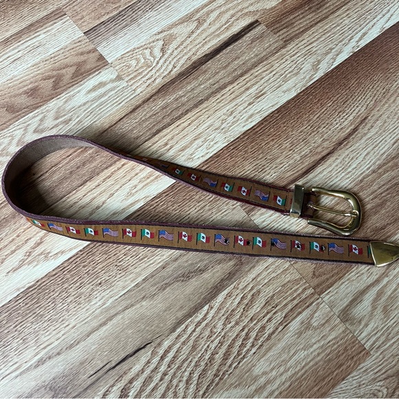 Accessories | Brown Leather Belt With Gold Buckle Flags | Poshmark